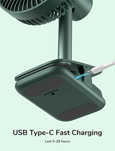 JISULIFE Clip on Oscillating Fan, 8000mAh Battery Operated Clip Desk Fan [5-28h], USB Rechargeable Table Fan with Clamp, 4 Speeds, Timer Shutdown，330°Rotate Clip Fan for Home Office Bed Stroller-Green