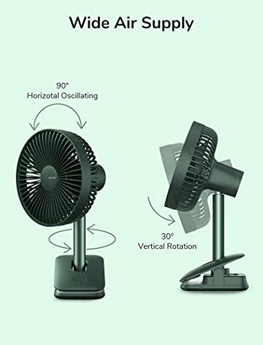 JISULIFE Clip on Oscillating Fan, 8000mAh Battery Operated Clip Desk Fan [5-28h], USB Rechargeable Table Fan with Clamp, 4 Speeds, Timer Shutdown，330°Rotate Clip Fan for Home Office Bed Stroller-Green