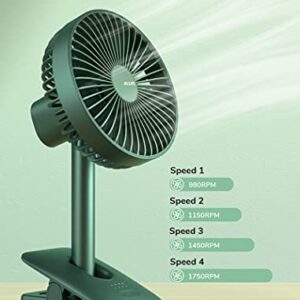 JISULIFE Clip on Oscillating Fan, 8000mAh Battery Operated Clip Desk Fan [5-28h], USB Rechargeable Table Fan with Clamp, 4 Speeds, Timer Shutdown，330°Rotate Clip Fan for Home Office Bed Stroller-Green