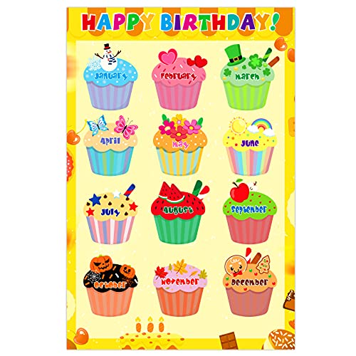 WaaHome Happy Birthday Chart Poster 12''x18'' Birthday Classroom Decorations Cupcakes Birthday Poster Calendar for Back to School Classroom Bulletin Board Decorations Teaching Supplies