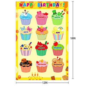 WaaHome Happy Birthday Chart Poster 12''x18'' Birthday Classroom Decorations Cupcakes Birthday Poster Calendar for Back to School Classroom Bulletin Board Decorations Teaching Supplies