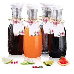 4 pack clear plastic water carafes 50 oz beverage pitcher carafe with flip top lids and 16.4 ft rope 30 pieces paper cards for tea juice water iced coffee, narrow neck design