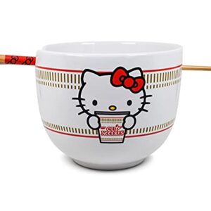 Hello Kitty Cup Noodles Japanese Ceramic Dinnerware Set | Includes 20-Ounce Ramen Bowl and Wooden Chopsticks | Asian Food Dish Set For Home Kitchen | Kawaii Anime Gifts, Official Sanrio Collectible