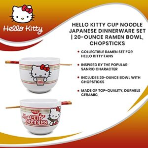 Hello Kitty Cup Noodles Japanese Ceramic Dinnerware Set | Includes 20-Ounce Ramen Bowl and Wooden Chopsticks | Asian Food Dish Set For Home Kitchen | Kawaii Anime Gifts, Official Sanrio Collectible