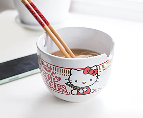 Hello Kitty Cup Noodles Japanese Ceramic Dinnerware Set | Includes 20-Ounce Ramen Bowl and Wooden Chopsticks | Asian Food Dish Set For Home Kitchen | Kawaii Anime Gifts, Official Sanrio Collectible