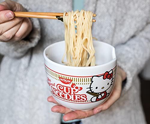 Hello Kitty Cup Noodles Japanese Ceramic Dinnerware Set | Includes 20-Ounce Ramen Bowl and Wooden Chopsticks | Asian Food Dish Set For Home Kitchen | Kawaii Anime Gifts, Official Sanrio Collectible