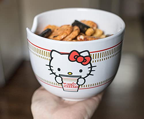 Hello Kitty Cup Noodles Japanese Ceramic Dinnerware Set | Includes 20-Ounce Ramen Bowl and Wooden Chopsticks | Asian Food Dish Set For Home Kitchen | Kawaii Anime Gifts, Official Sanrio Collectible