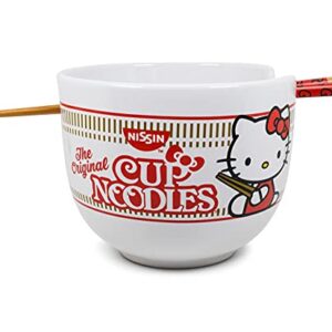 Hello Kitty Cup Noodles Japanese Ceramic Dinnerware Set | Includes 20-Ounce Ramen Bowl and Wooden Chopsticks | Asian Food Dish Set For Home Kitchen | Kawaii Anime Gifts, Official Sanrio Collectible