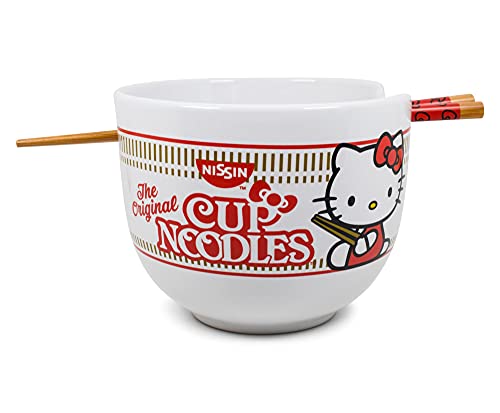 Hello Kitty Cup Noodles Japanese Ceramic Dinnerware Set | Includes 20-Ounce Ramen Bowl and Wooden Chopsticks | Asian Food Dish Set For Home Kitchen | Kawaii Anime Gifts, Official Sanrio Collectible