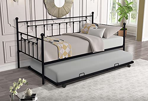 gaodashang Twin Size Metal Frame Daybed with Pullout Trundle,Heavy Duty Steel Slat Support Sofa Bed for Guest,No Spring Box Needed,Black