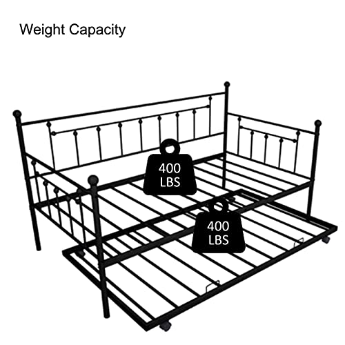 gaodashang Twin Size Metal Frame Daybed with Pullout Trundle,Heavy Duty Steel Slat Support Sofa Bed for Guest,No Spring Box Needed,Black