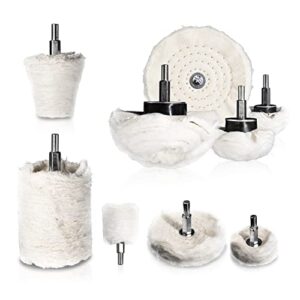 kotto 9 pcs polishing wheel buffing wheel for drill, polishing wheel kit white flannelette polishing mop wheel grinding head with 1/4" hex shafts for manifold/aluminum/stainless steel/chrome