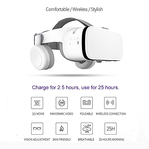 Virtual Reality Headset for Phones VR Headset with Remote Control 3D Glasses for Movies & Games Bluetooth VR Glasses with Wireless Headset for iPhone/ Samsung Compatible for iOS / Android (White)