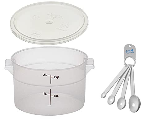 Lumintrail Cambro 2 Quart Round Food Storage Container, Translucent, with a Translucent Lid, Bundle with a Measuring Spoon Set