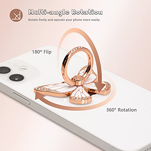 Butterfly Cell Phone Ring Holder, 360°Rotation Phone Ring Grip, Compatible with iPhone, Samsung Galaxy, LG Google Pixel, iPad, Rhinestones and Enamel (Rose Gold and White)