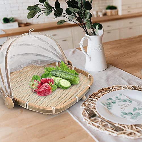 generic Bamboo Food Serving Tent Basket Rattan Woven Mesh Food Storage Basket Food Dome Lids for Picnic Party Bread Fruit Dessert Indoor Outdoor