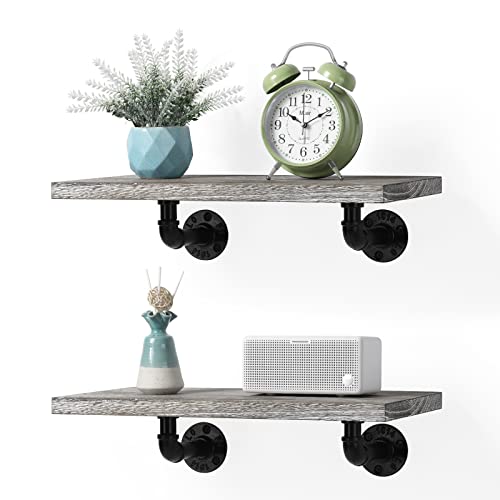 LIANTRAL Floating Wall Shelves, Industrial Pipe Bracket Rustic Farmhouse Hanging Wood Shelf for Bedroom Living Room (2, Gray-Whitewash)