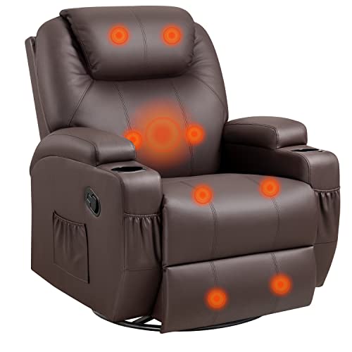 Shahoo PU Leather Chair with Massage Function Adjustable Home Theater Single Recliner Thick Seat and Backrest, 360° Swivel and Rocking Sofa for Living Room, Attractive Brown