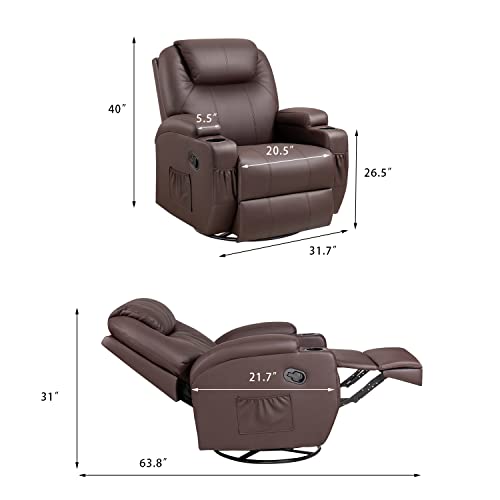 Shahoo PU Leather Chair with Massage Function Adjustable Home Theater Single Recliner Thick Seat and Backrest, 360° Swivel and Rocking Sofa for Living Room, Attractive Brown