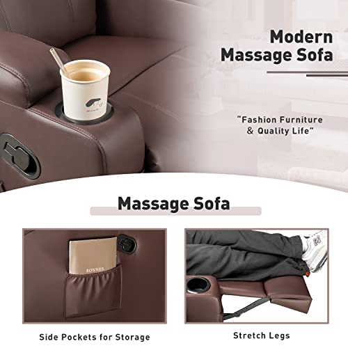 Shahoo PU Leather Chair with Massage Function Adjustable Home Theater Single Recliner Thick Seat and Backrest, 360° Swivel and Rocking Sofa for Living Room, Attractive Brown