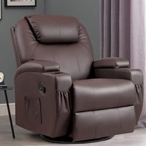 Shahoo PU Leather Chair with Massage Function Adjustable Home Theater Single Recliner Thick Seat and Backrest, 360° Swivel and Rocking Sofa for Living Room, Attractive Brown