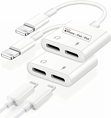 CHAOPAI [Apple MFi Certified] 2 Pack Dual Lightning iPhone Headphones Adapter & Splitter Dongle 4 in 1 Music+Charge+Call+Volume Control Compatible for 13/12/11/XS/XR/8/7/6