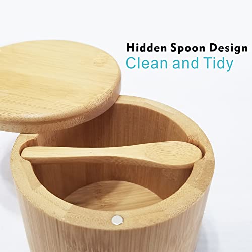 ThougrLyh Salt and Pepper Bowls Bamboo Pepper Salt Box with Swivel Lid and Spoon 2 Piece Set Salt and Pepper Cellar to Easily Open and Seal with 2 Spoon Storage Spice Pepper Salt Container