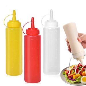 condra field condiment sauces squeeze bottles - (3pcs-13.5oz),with leak-proof cap and scale line.plastic squeeze squirt bottles for ketchup,mustard,oil, salad and more.