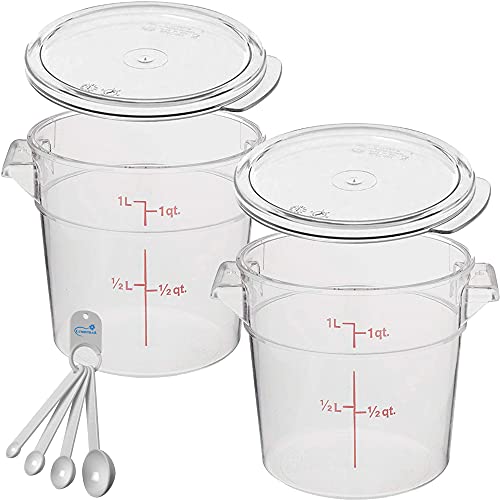 Lumintrail Cambro 1 Quart Round Food Storage Container, 2 Pack Clear, with 2 Clear Lids, Bundle with a Measuring Spoon Set