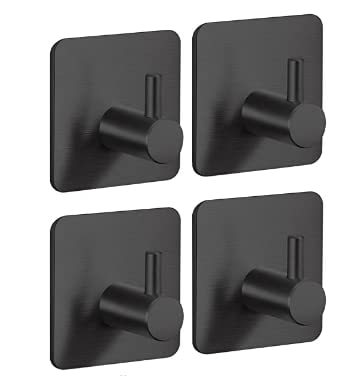 Heavy Duty Stainless Steel Adhesive Hooks for Hanging Towels, Robe, Coat, Hat, No Damage Wall Hook Doll Hangers for Bathroom Kitchen (4, Black)