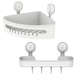 leverloc corner shower caddy suction cup & shower caddy with 4 hooks no-drilling removable bathroom shower shelf heavy duty caddy organizer waterproof & oilproof for bathroom & kitchen