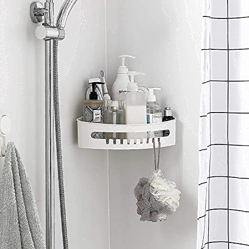 LEVERLOC Corner Shower Caddy Suction Cup & Shower Caddy with 4 Hooks NO-Drilling Removable Bathroom Shower Shelf Heavy Duty Caddy Organizer Waterproof & Oilproof for Bathroom & Kitchen