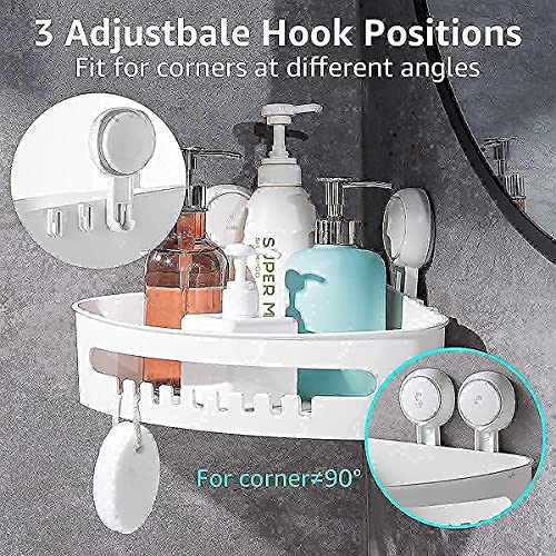 LEVERLOC Corner Shower Caddy Suction Cup & Shower Caddy with 4 Hooks NO-Drilling Removable Bathroom Shower Shelf Heavy Duty Caddy Organizer Waterproof & Oilproof for Bathroom & Kitchen