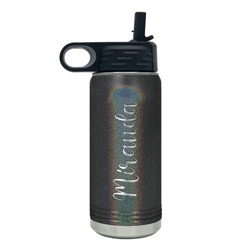 Personalized Bottle 20 oz with Straw Black Rainbow Glitter Custom Laser Engraved Stainless Steel Vacuum Insulated Sport Bottle with Name