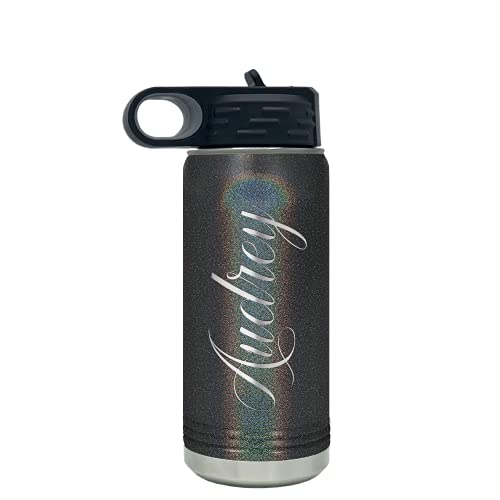 Personalized Bottle 20 oz with Straw Black Rainbow Glitter Custom Laser Engraved Stainless Steel Vacuum Insulated Sport Bottle with Name