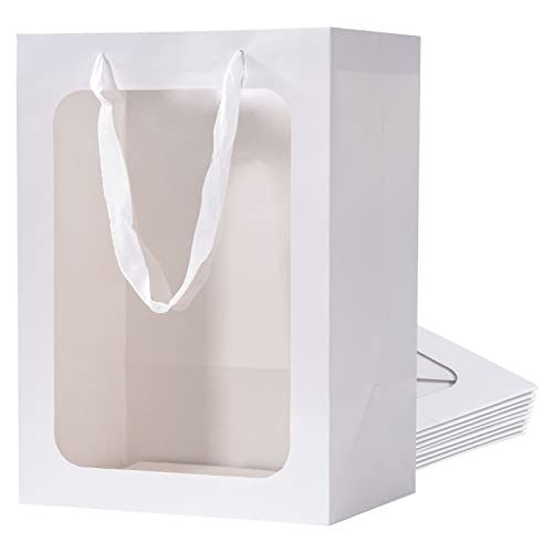 Sdootjewelry Gift Bag with Window, 10pcs White Paper Gift Bag with Transparent Window, 13.8" × 7.1" × 9.8" Flower Bouquet Bags with Handle, Window Gift Bags