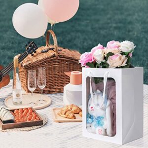 Sdootjewelry Gift Bag with Window, 10pcs White Paper Gift Bag with Transparent Window, 13.8" × 7.1" × 9.8" Flower Bouquet Bags with Handle, Window Gift Bags