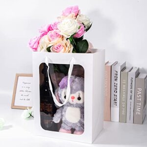 Sdootjewelry Gift Bag with Window, 10pcs White Paper Gift Bag with Transparent Window, 13.8" × 7.1" × 9.8" Flower Bouquet Bags with Handle, Window Gift Bags