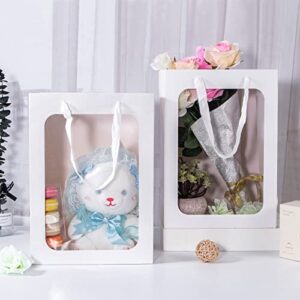 Sdootjewelry Gift Bag with Window, 10pcs White Paper Gift Bag with Transparent Window, 13.8" × 7.1" × 9.8" Flower Bouquet Bags with Handle, Window Gift Bags