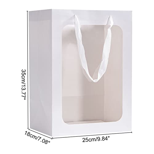 Sdootjewelry Gift Bag with Window, 10pcs White Paper Gift Bag with Transparent Window, 13.8" × 7.1" × 9.8" Flower Bouquet Bags with Handle, Window Gift Bags