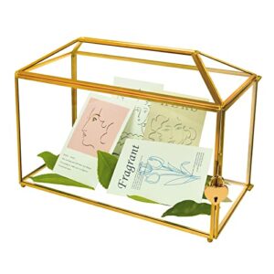 yimorence v gold wedding glass card box – 12.6 inch large wedding card holder handmade gold glass terrarium with slot and heart lock