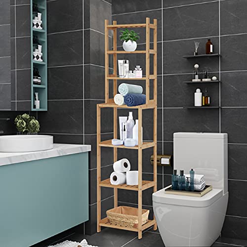 Kinsuite Bamboo Shelf Removable Multifunctional 7-Layer Shelving Unit - Storage Corner Shelves for Bathroom Living Room Kitchen, Nature