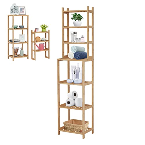 Kinsuite Bamboo Shelf Removable Multifunctional 7-Layer Shelving Unit - Storage Corner Shelves for Bathroom Living Room Kitchen, Nature