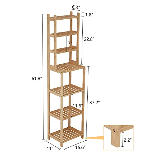 Kinsuite Bamboo Shelf Removable Multifunctional 7-Layer Shelving Unit - Storage Corner Shelves for Bathroom Living Room Kitchen, Nature