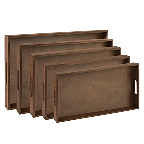 Hammont Wooden Rustic Nested Trays - 5 Pack - Set of Rectangular Dark Brown Burnt Wood Trays for Crafts with Cut Out Handles | Kitchen Nesting Trays for Serving Pastries, Snacks, Mini Bars, Chocolate