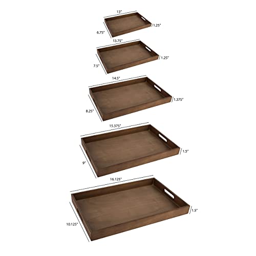 Hammont Wooden Rustic Nested Trays - 5 Pack - Set of Rectangular Dark Brown Burnt Wood Trays for Crafts with Cut Out Handles | Kitchen Nesting Trays for Serving Pastries, Snacks, Mini Bars, Chocolate