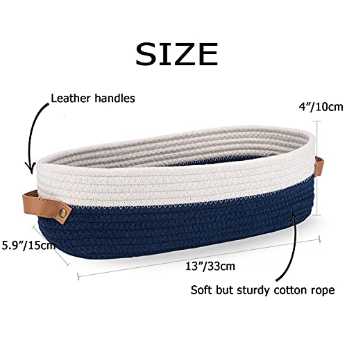 Oradrem Toilet Basket,Woven Storage Basket for Toilet Tank Top Farmhouse Home Decor Organizing Baskets 13"x5.9"x4" Navy Stitching White