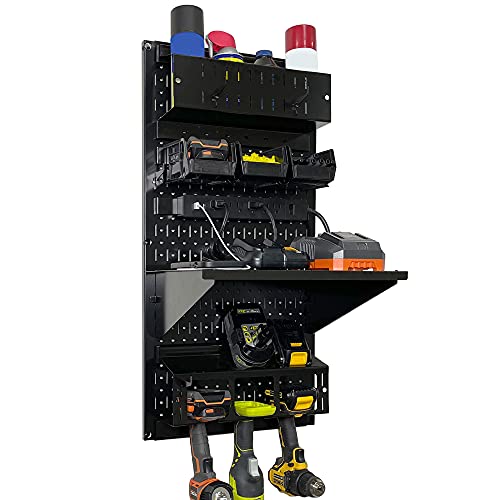 Wall Control Power Tool Storage Organizer Kit Cordless Drill Holder Charging Station Rack 16” x 32” Metal Pegboard Organization System (Black Pegboard)