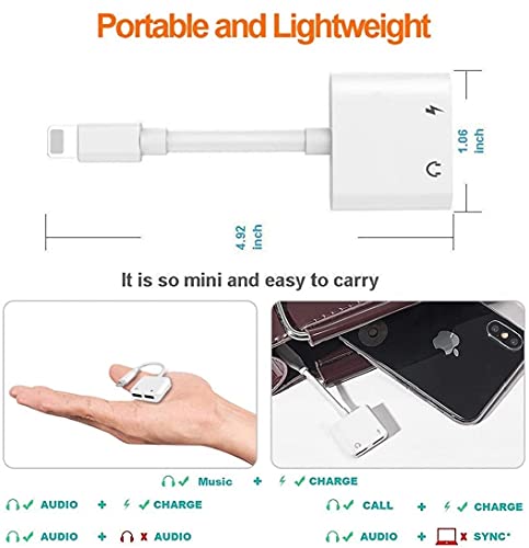 [Apple MFi Certified] iPhone Headphones Adapter & Splitter, 2 in 1 Dual Lightning Charger Cable Aux Audio Adapter Converter for iPhone 12/11/XS/XR/X/8/7/6/iPad, Support Calling+Charging+Music Control