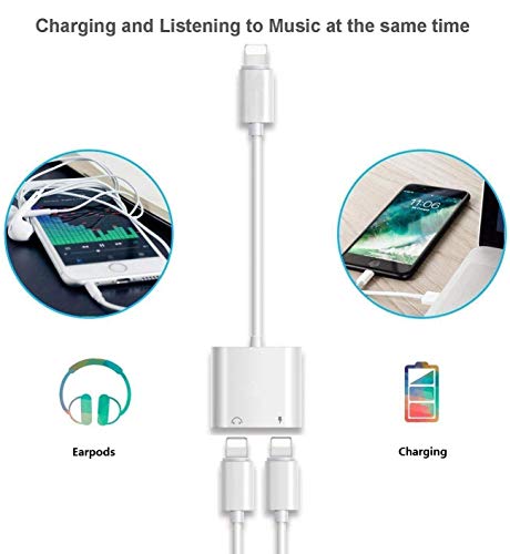 [Apple MFi Certified] iPhone Headphones Adapter & Splitter, 2 in 1 Dual Lightning Charger Cable Aux Audio Adapter Converter for iPhone 12/11/XS/XR/X/8/7/6/iPad, Support Calling+Charging+Music Control